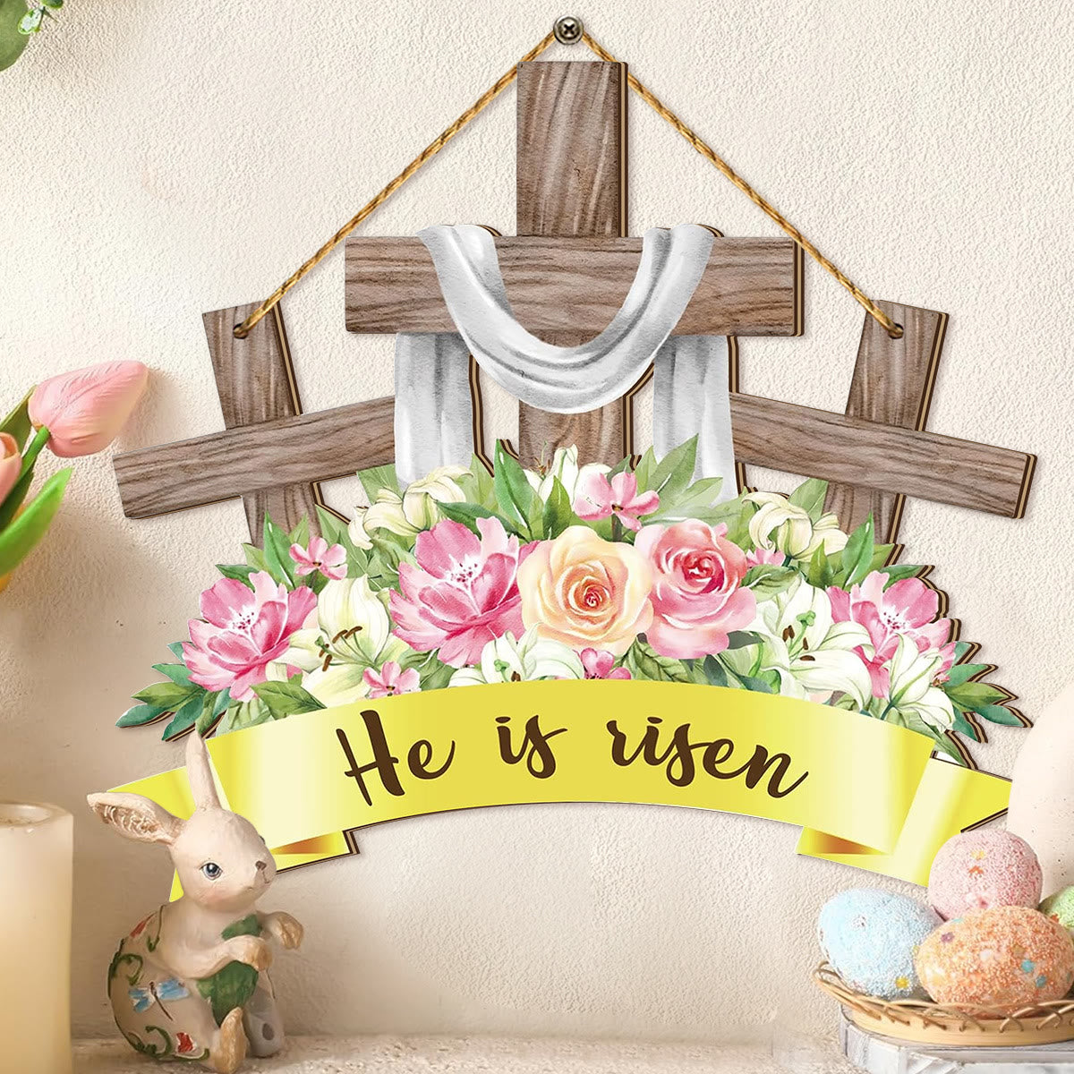 Christianartworkshop "He Is Risen" Inspirational Wooden Easter Hanging ...