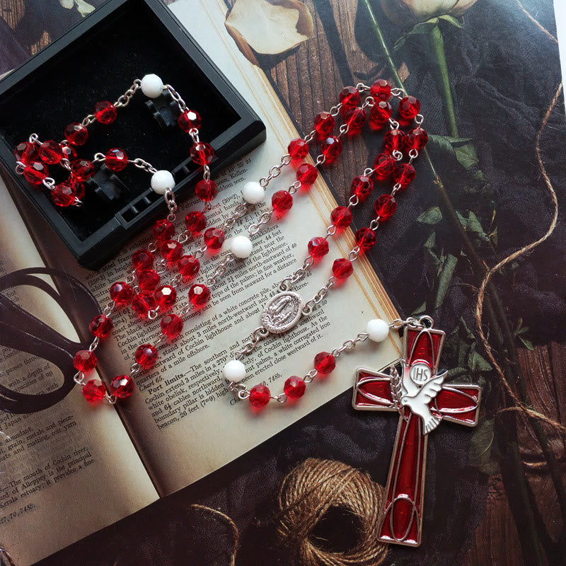 IHS Holy Spirit Dove Cross Pendant Red Beads Rosary – Christian Art ...