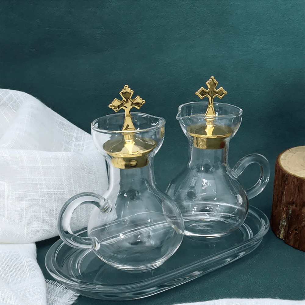 Christianartworkshop Graceful Gold-Accented Glass Cruet Set with Cross ...