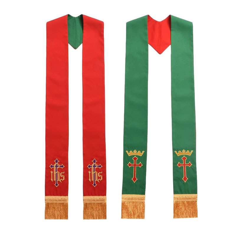 Reversible Red and Green Clergy Stole with Cross and IHS Monogram ...