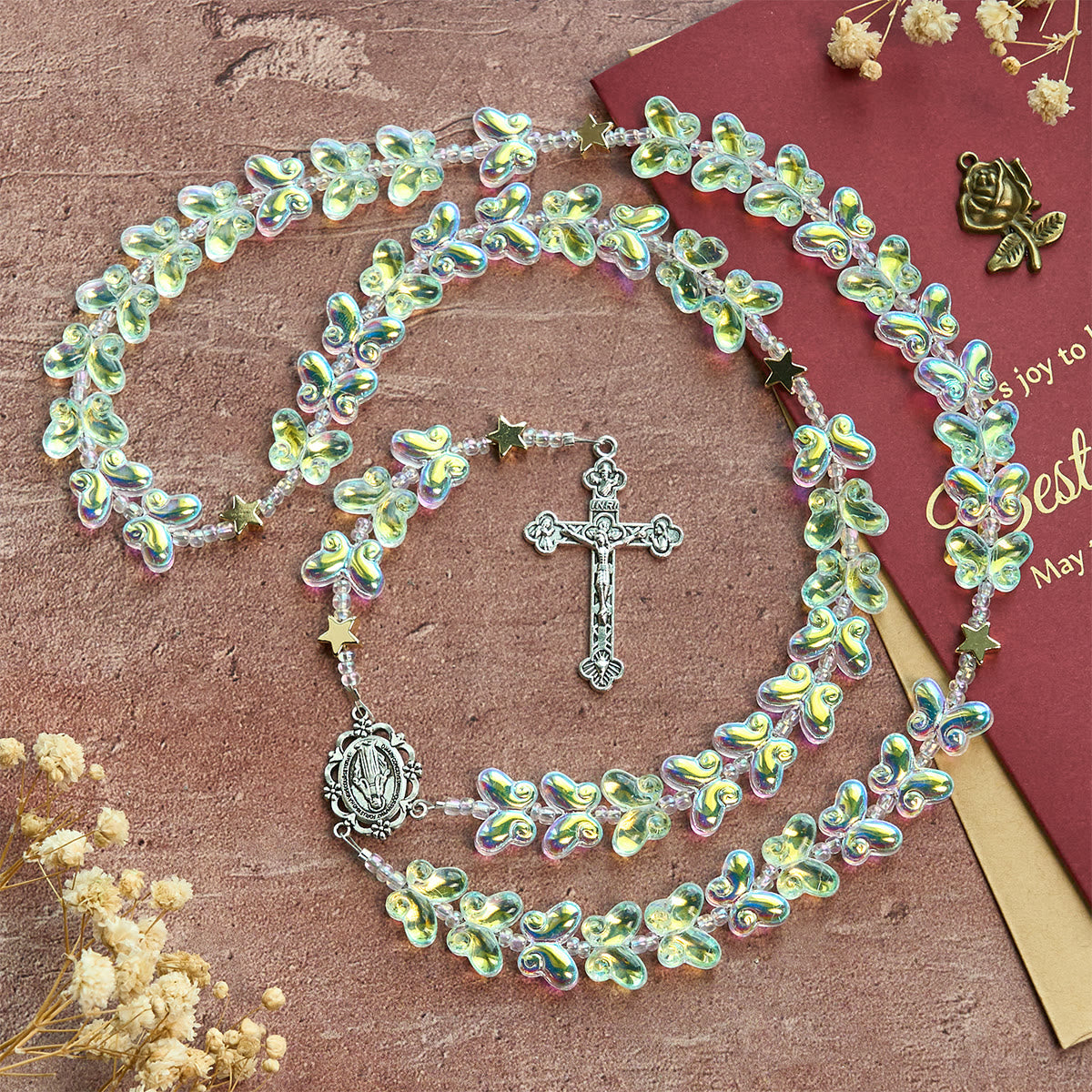 Christianartworkshop Starry Sky Green Butterfly Rosary with Miraculous ...